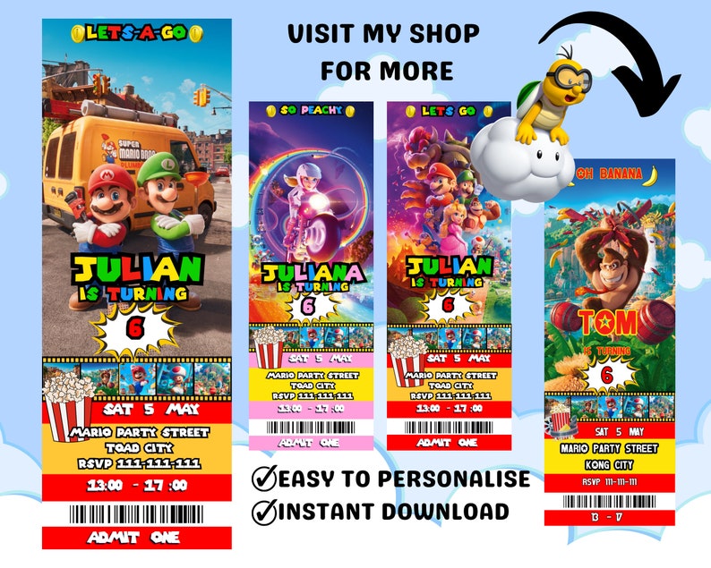Super Mario Bros Ticket Invitation Customizable Mario Bros Birthday ...