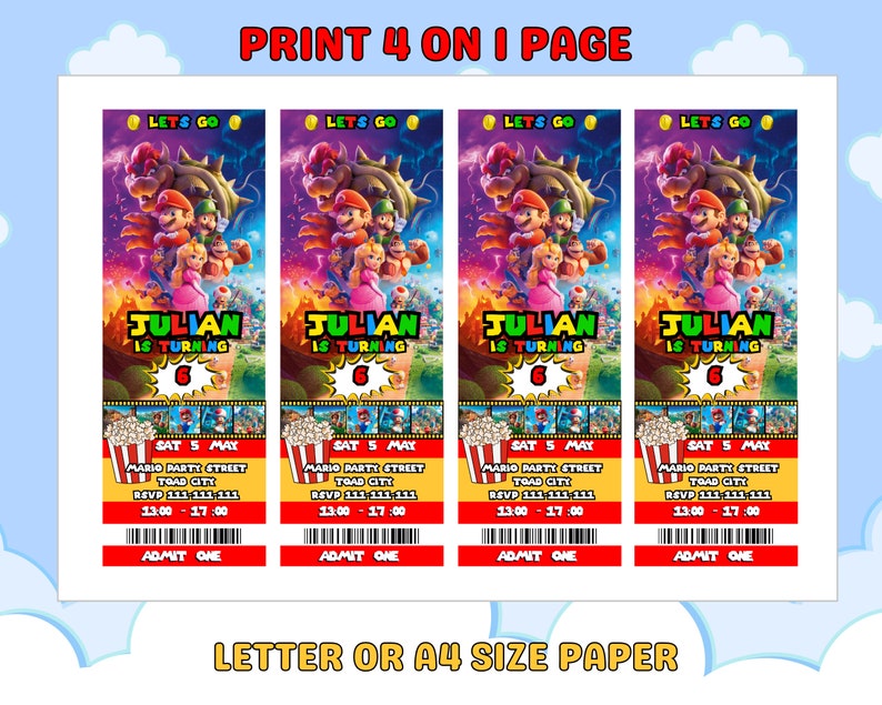Super Mario Bros Ticket Invitation Customizable Mario Bros - Etsy