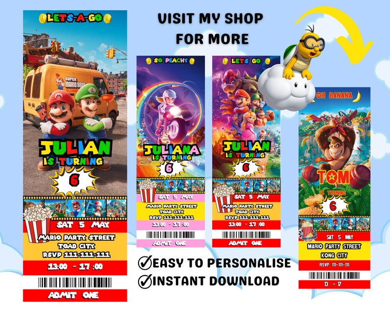 Super Mario Bros Movie Ticket Invitation Customizable Mario Bros ...