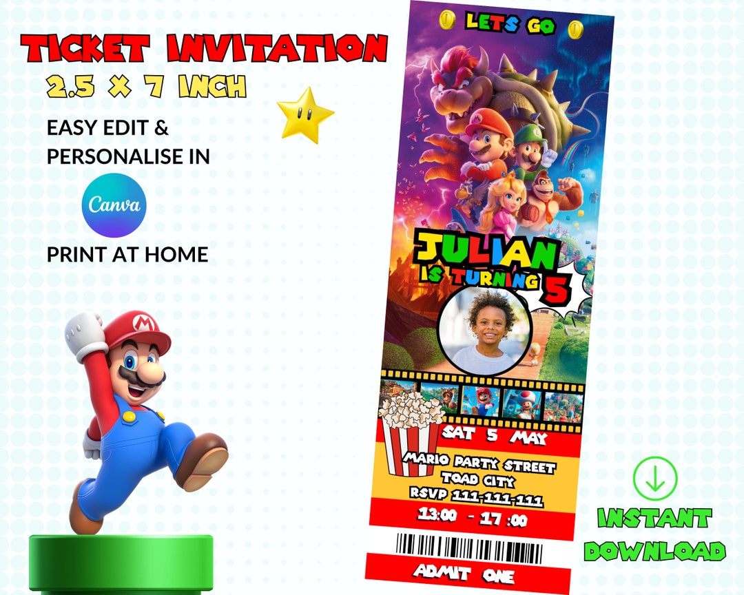 Mario Bros Movie Ticket Invitation Customizable with your - Etsy México