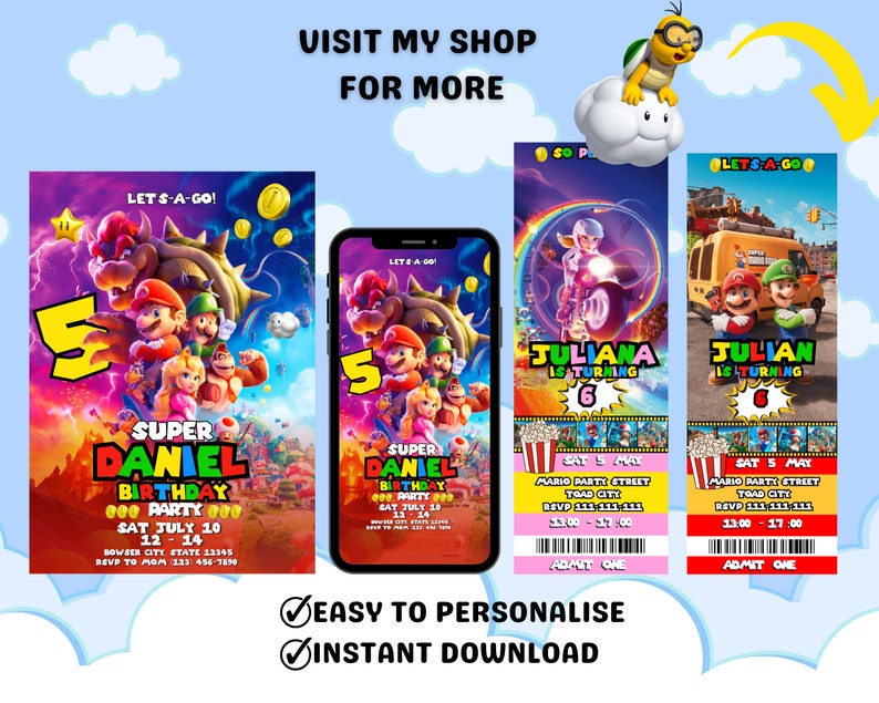 Super Mario Bros Movie Ticket Invitation Customizable Mario Bros ...
