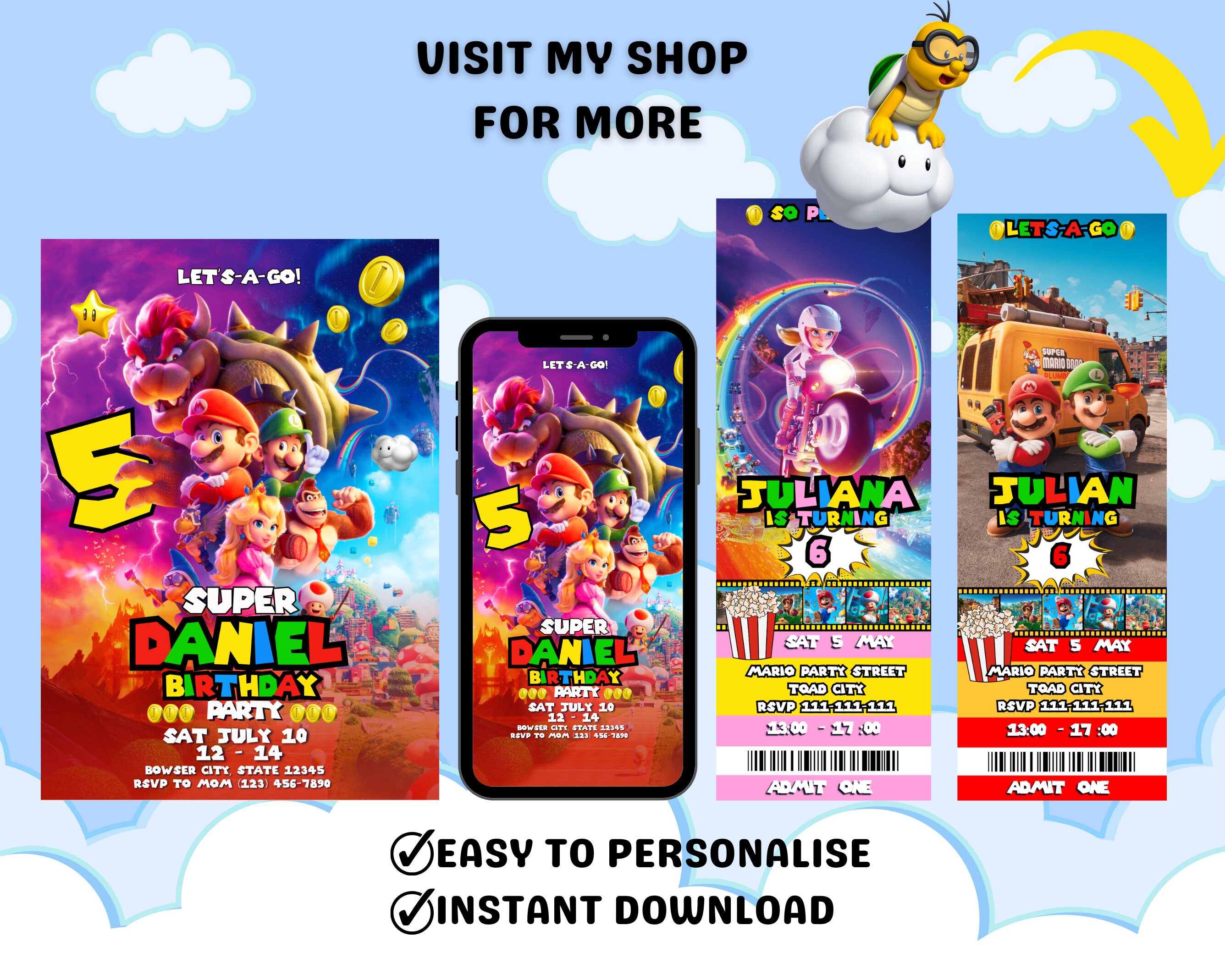 Super Mario Bros Movie Ticket Invitation Customizable Mario Bros ...