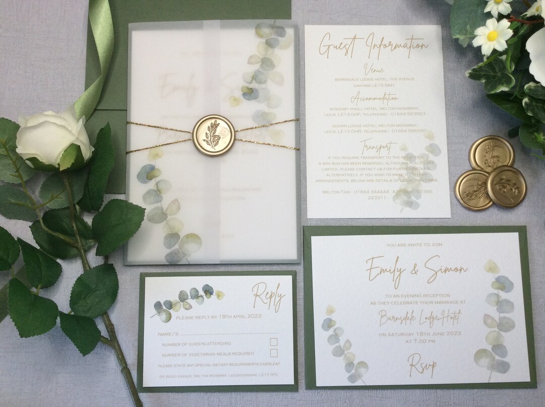 Wedding Vellum Invitation Suite Eucalyptus, Gold Braid, Wax Seal ...