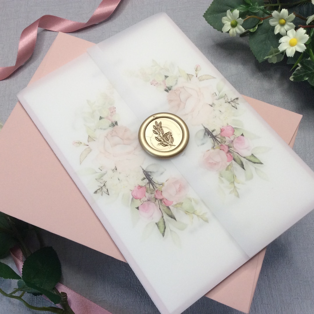 Pink Floral Wedding Invitation Suite/set - Vellum Jacket/wrap, Blush ...