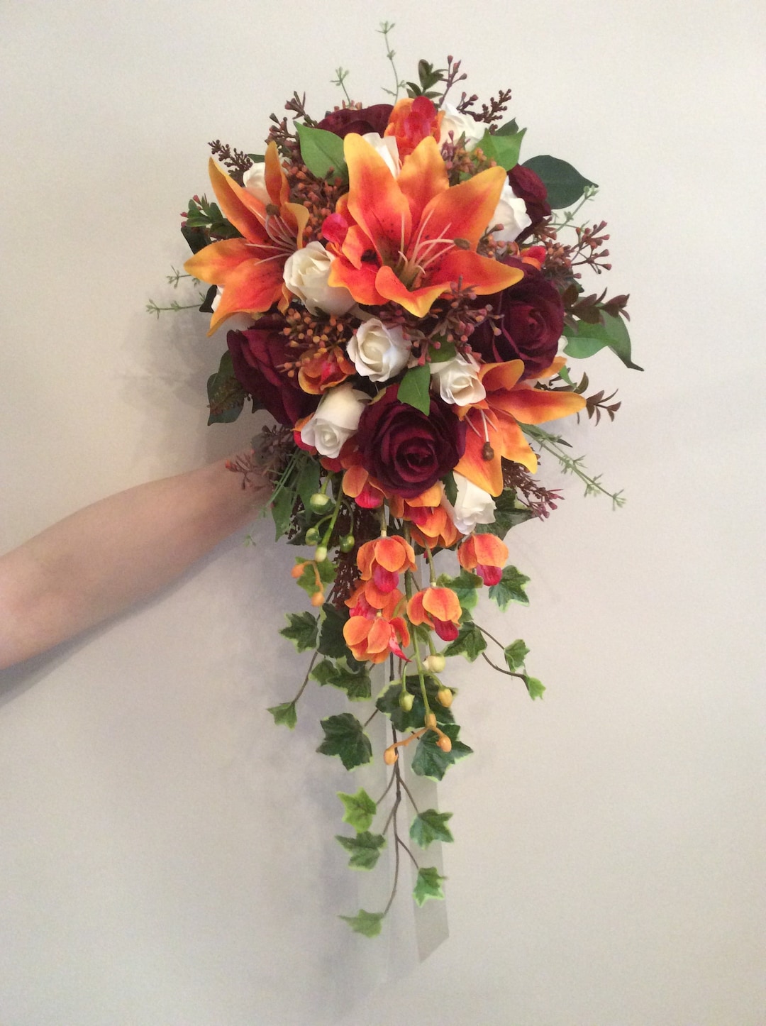 Artificial Wedding Bouquet - Burnt Orange, Copper, Stargazer Lilies ...