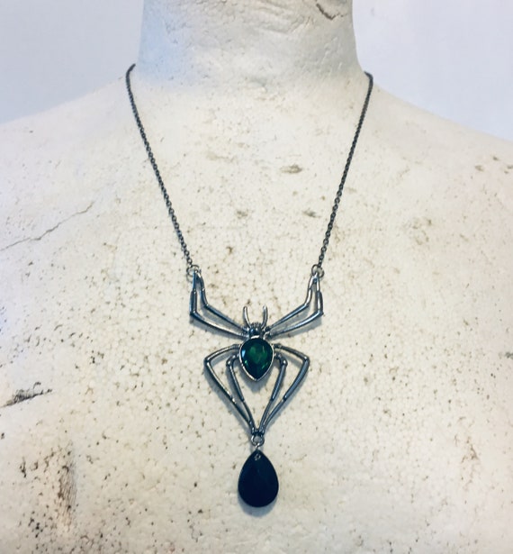 Dramatic Gothic Statement Spider Pendant, Green Glass… - Gem