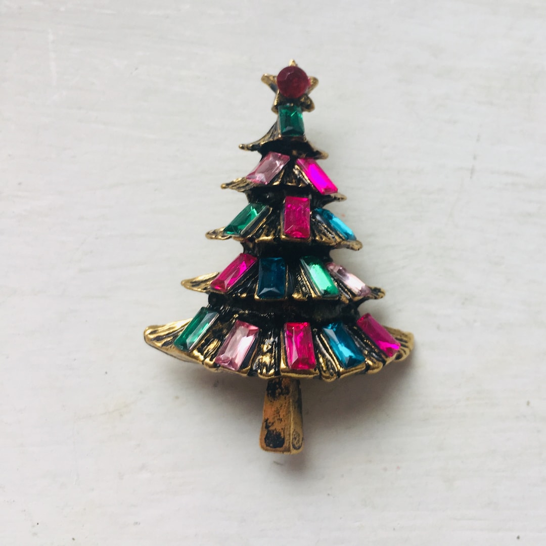 Vintage Rhinestone Christmas Tree Brooch, Holiday Costume Jewelry - Etsy