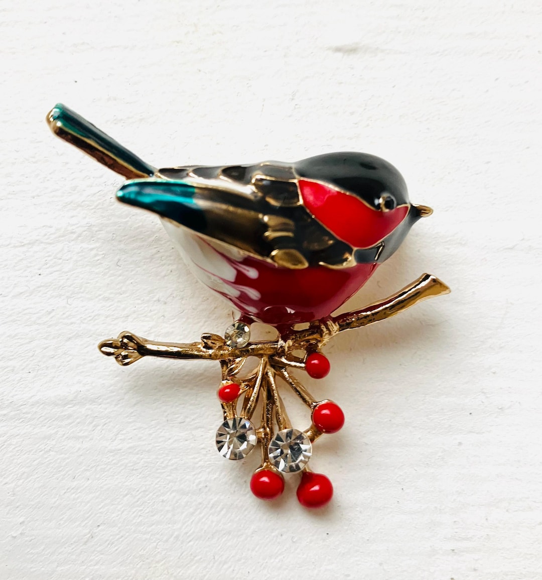Vintage Gold Plated Enamel Robin Brooch: Rhinestone Bird Pin - Etsy