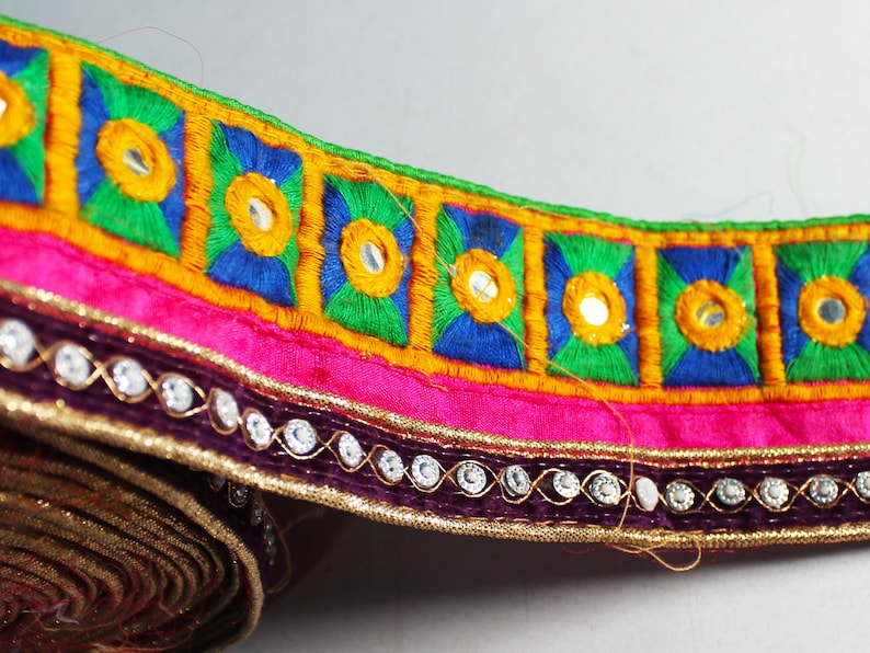 Vintage Mirror Work Kutchi Border in Green and Pink Color Embroidered ...