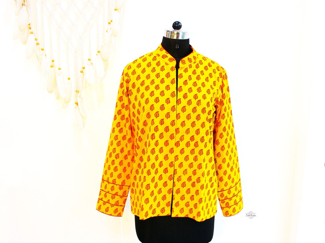 Custom Made Jacket in Yellow Block Print Fabric With Designer Cuffs - Etsy