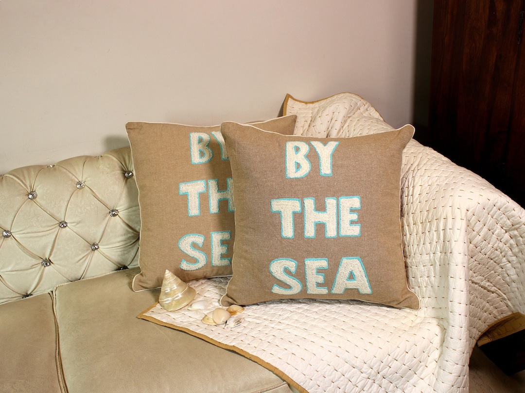 Set of 2 Ari Embroidered Text Pillow Coastal Pillow by the Sea Decor - Etsy