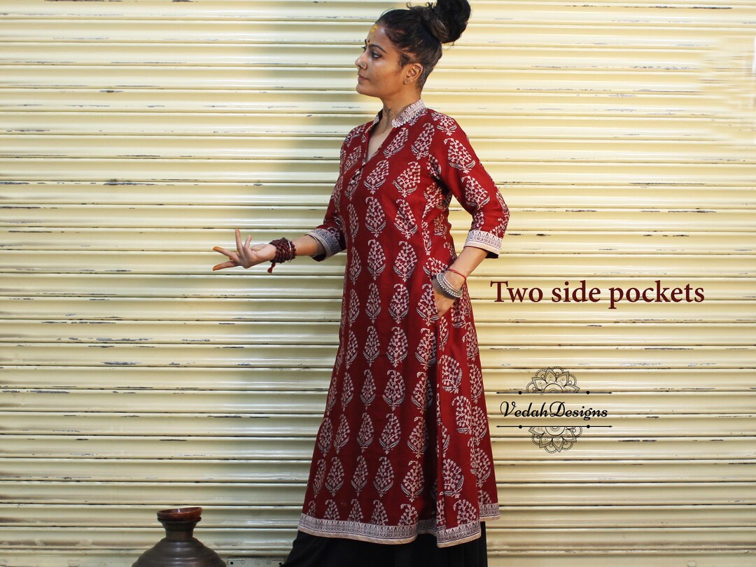 Red Block Print Chanderi Silk Tunic Wedding Kurta Long Dress in Jaipur ...
