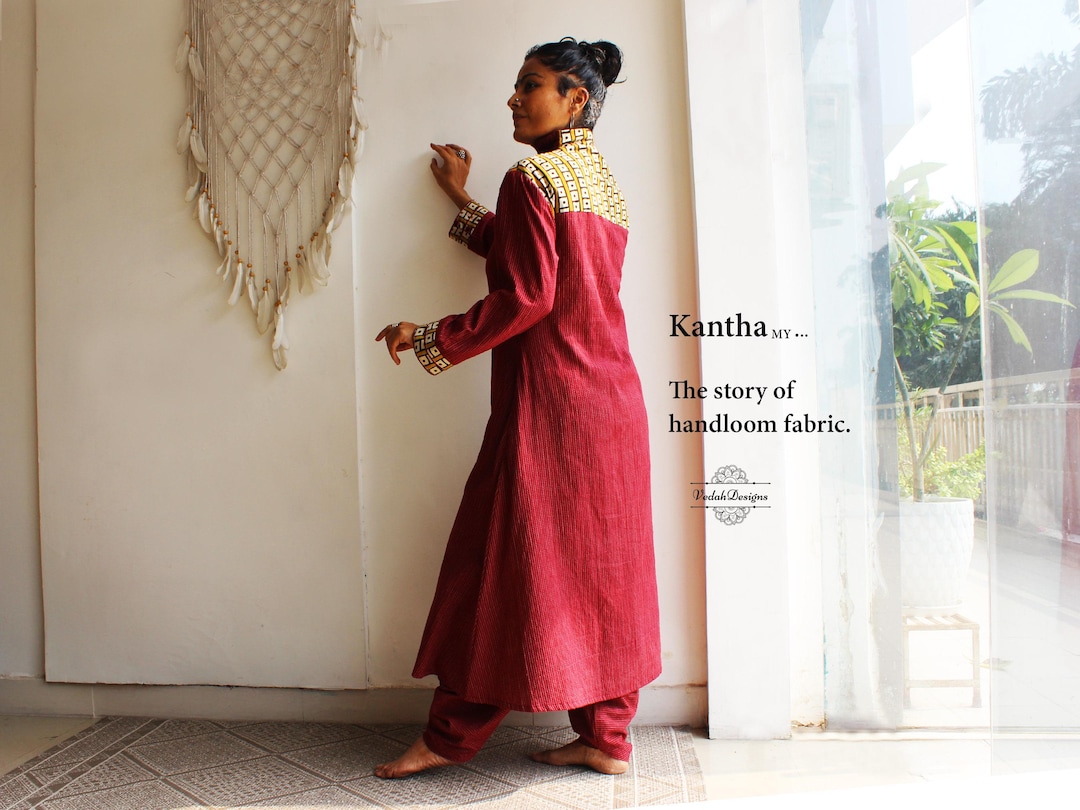 Maroon Vegetable Dyed Kantha Handloom Soft Cotton A-line Tunic With ...