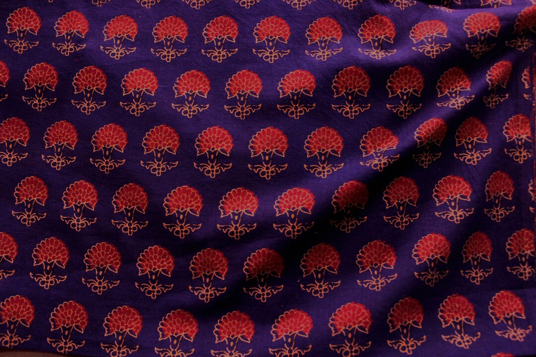 Red Flowers on Blue Block Print Fabric Hand Block Printed With Organic ...