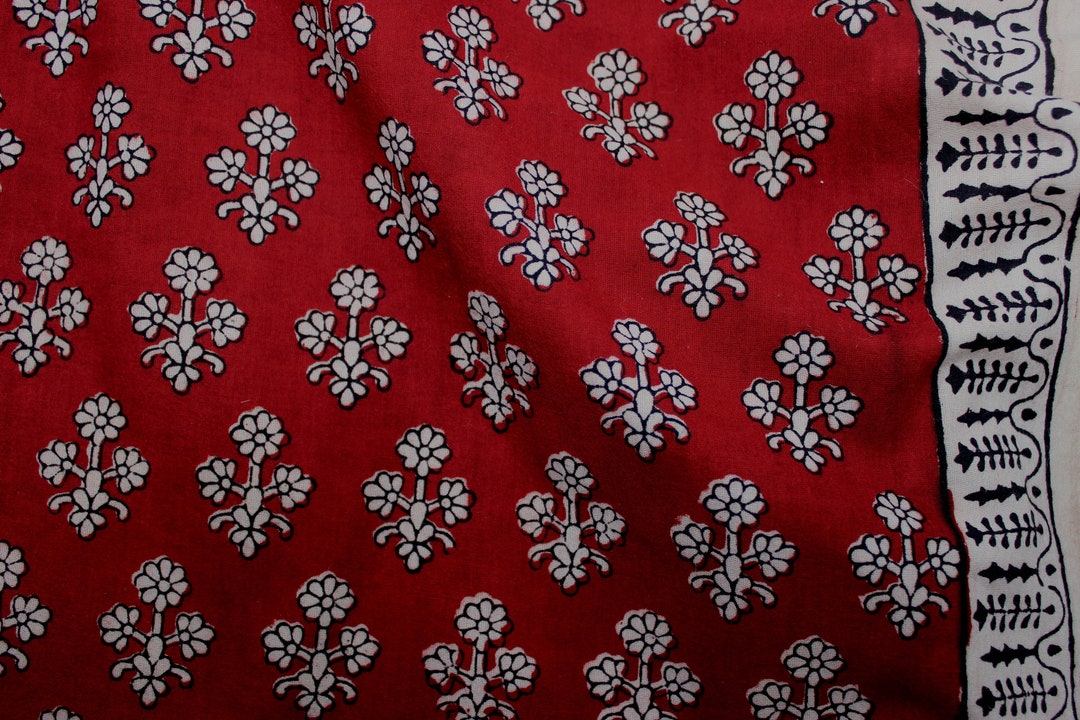 Red Block Print Floral Cotton Fabric Made With Organic Dye by the Yard ...