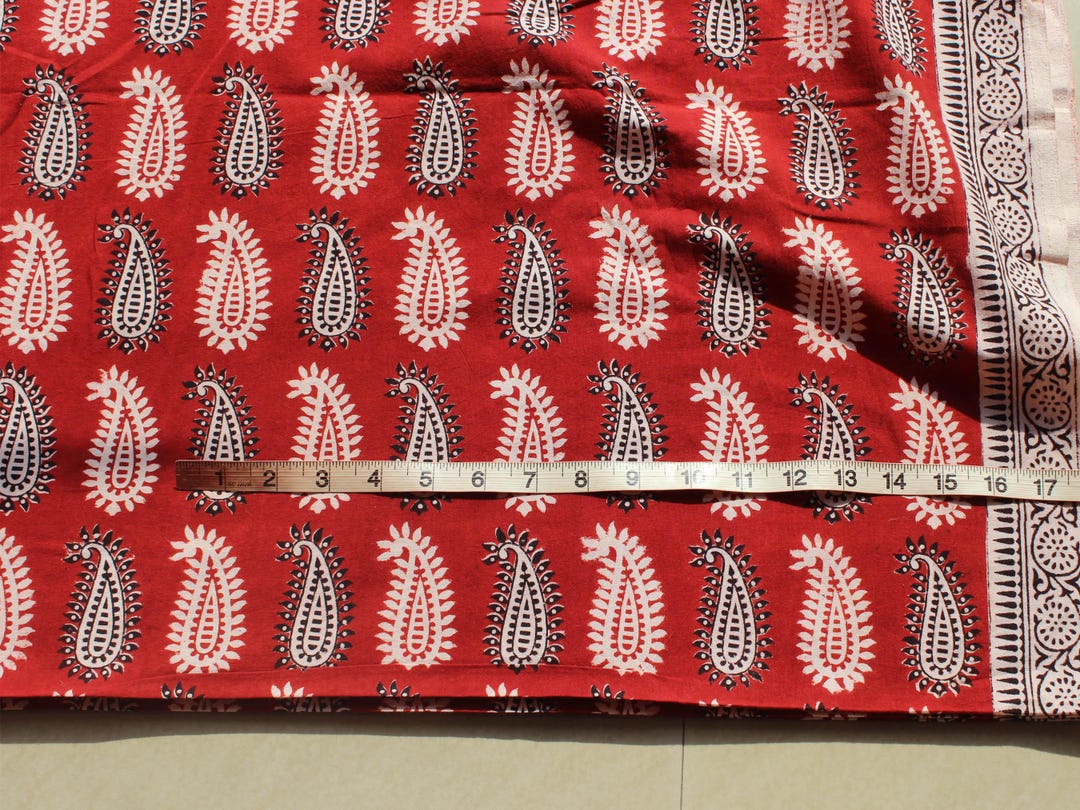 Vegetable Dyed Black and White Paisley on Red Cotton Block Print Fabric ...