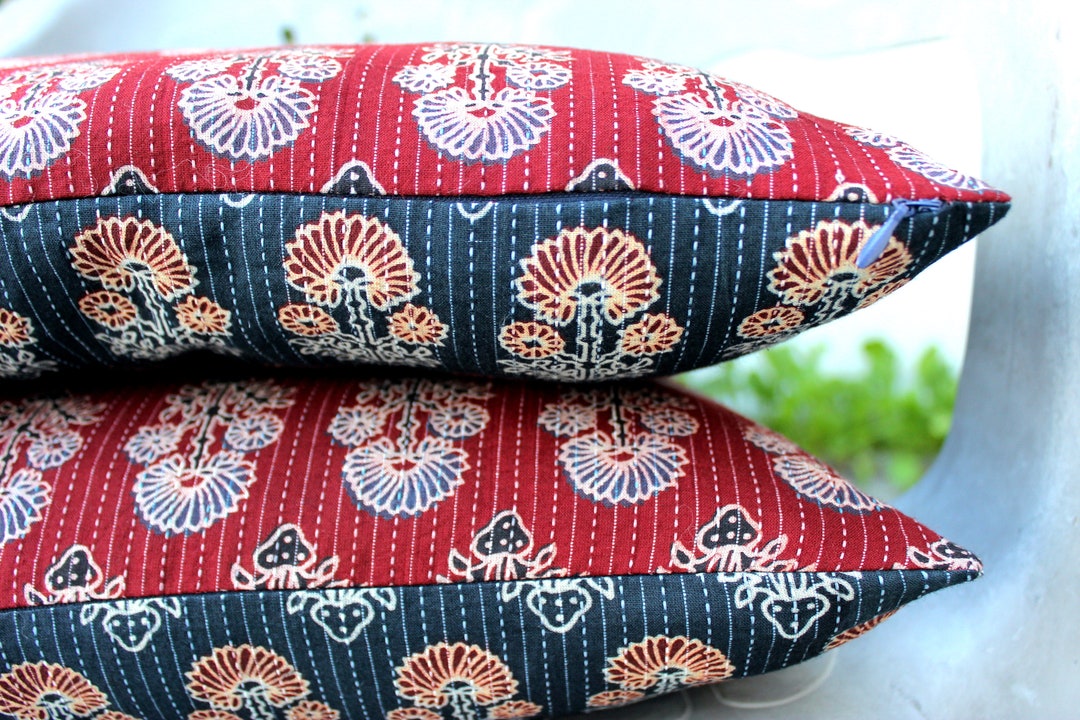 Set of 3 Handloom Cotton Red and Blue Double-sided Pillow Covers in ...