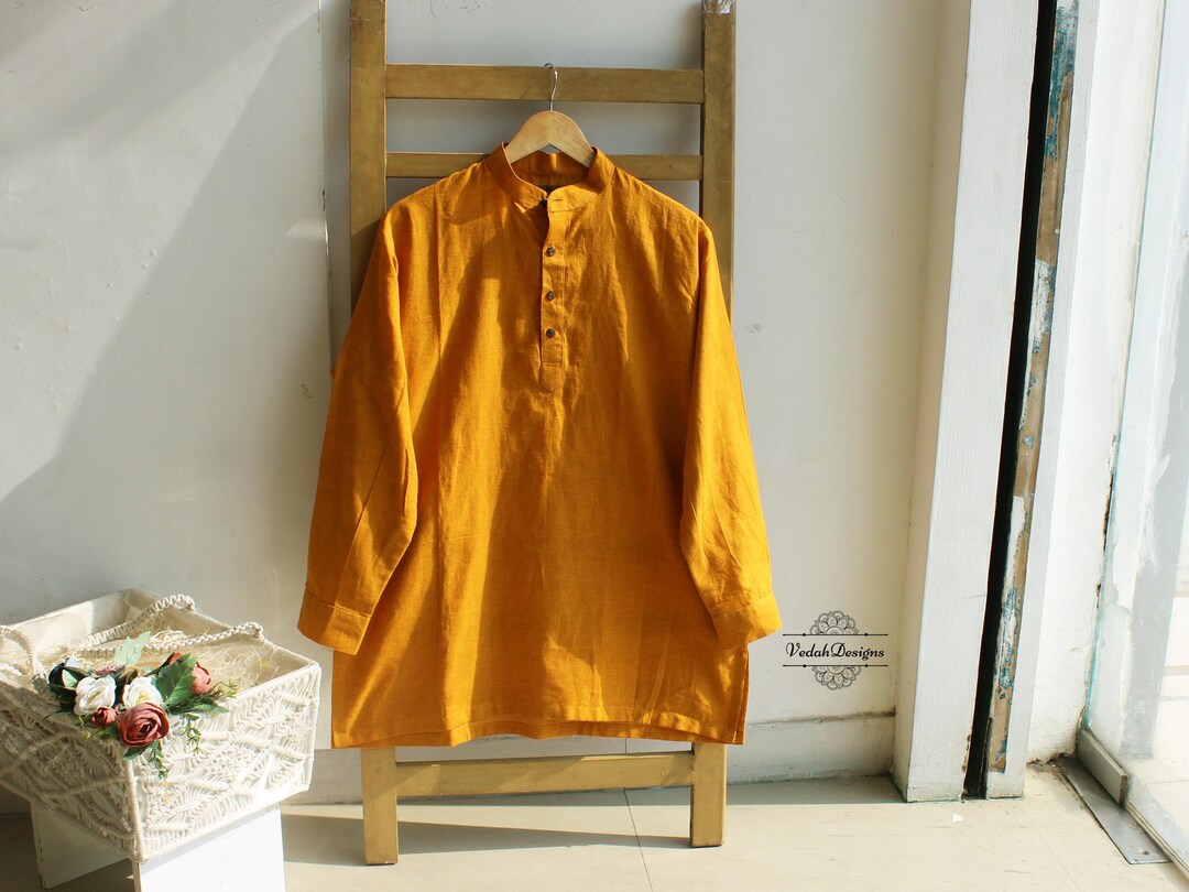 Yellow Texture Khadi Shirt Short Kurta in Homespun Ahimsa Cotton Fabric ...
