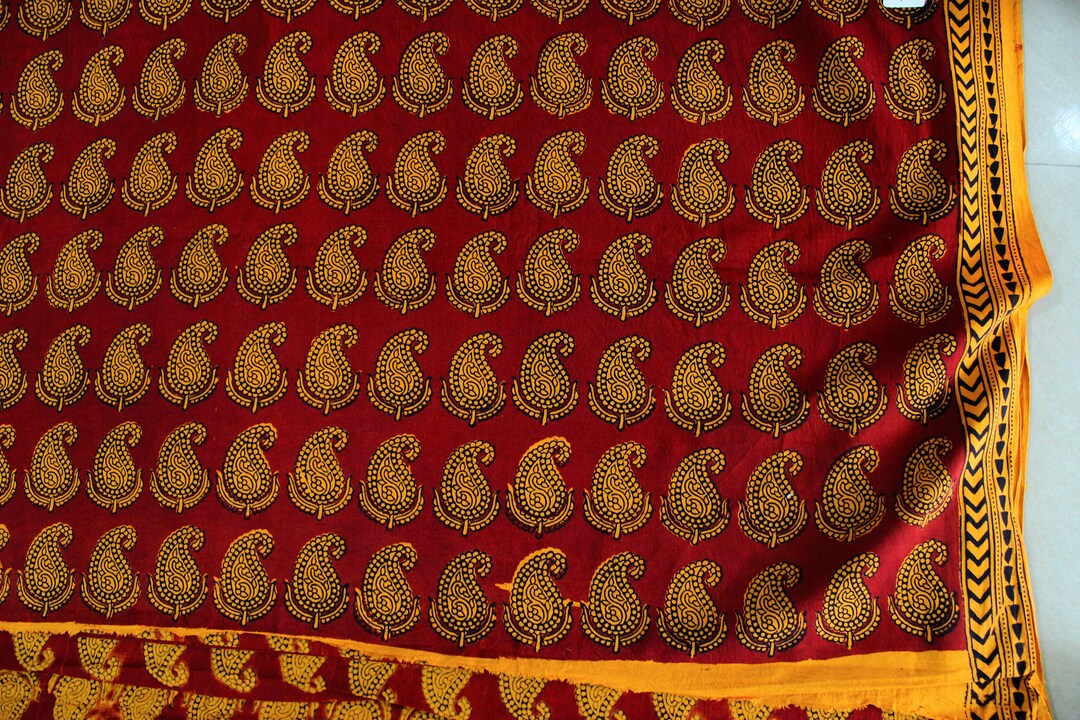 Yellow Paisley on Red Block Print Fabric Hand Printed With Vegetable ...