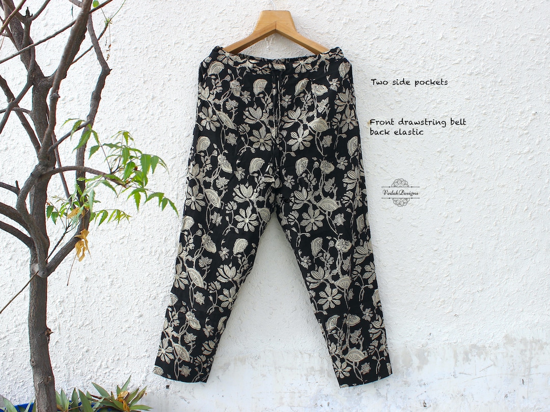 Black Block Print Pants in Floral Soft Breathable Cotton - Etsy