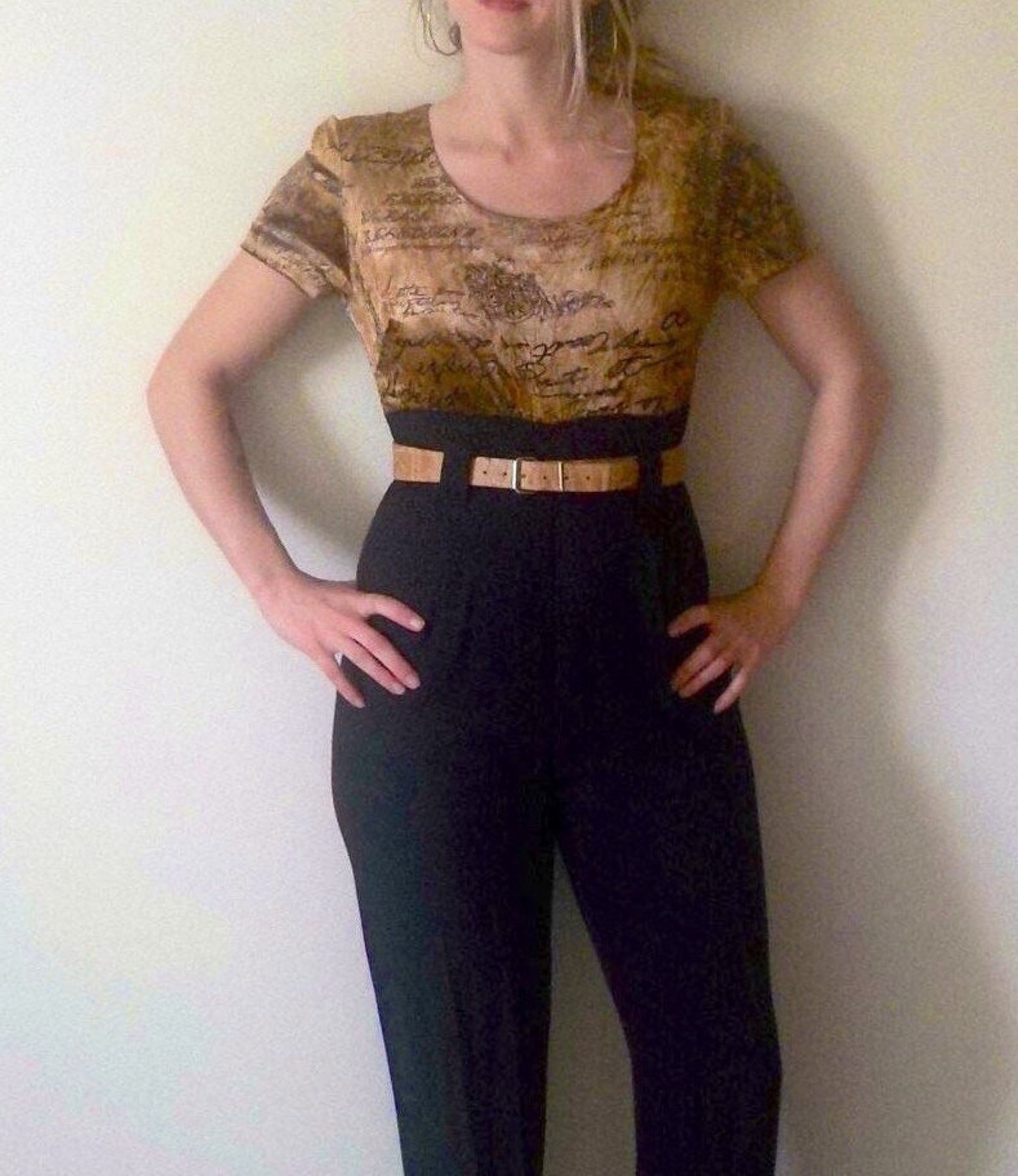90s VELVET COLORBLOCK JUMPSUIT Gold With Calligraphy Designs/ Women's ...