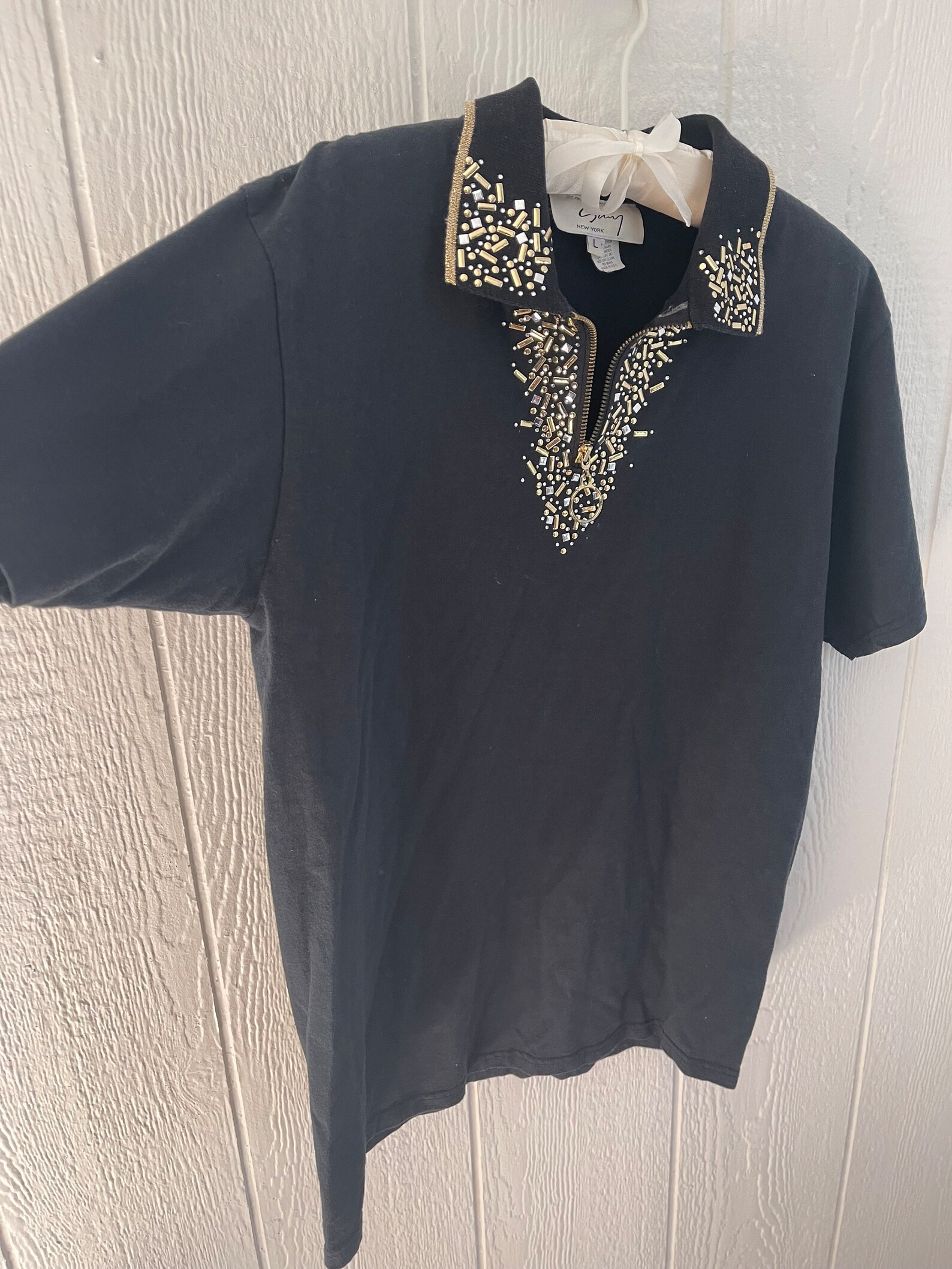 80’s 90’s Rhinestone Embellished Polo With Zipper, Vintage Black Polo ...