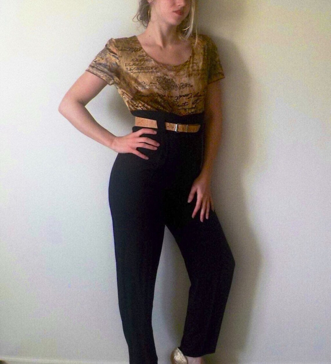 90s VELVET COLORBLOCK JUMPSUIT Gold With Calligraphy Designs/ Women's ...