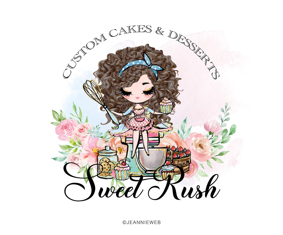 Baking Logo Design, Watercolor Bakery Girl Logo, Sweet Treats Logo ...