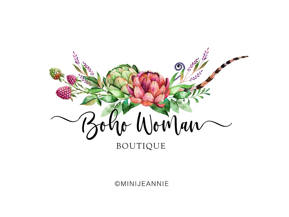 Bohemian Floral Logo-lotus Logo-rustic Floral Logo-boutique - Etsy