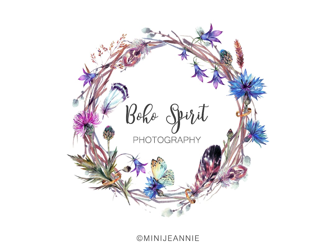 Wildflower Wreath Logo-boho Logo-bohemian Logo-bluebell Logo-thistle ...