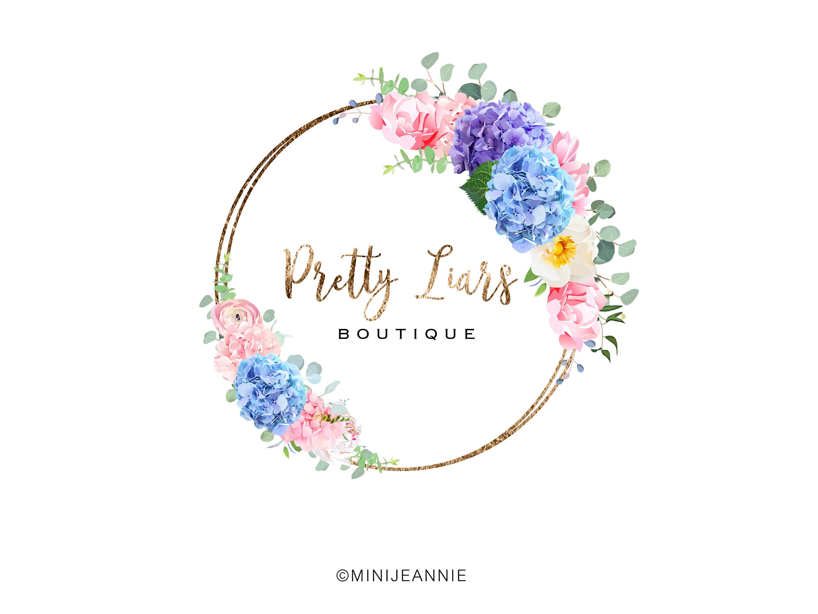 Square logo Hydrangea logo set Circle logo Feminine logo blue Mini ...