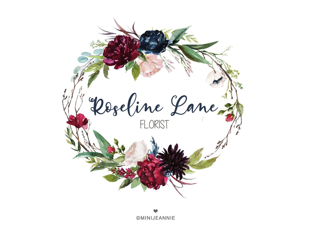 Burgundy Flower Logo-oval Floral Logo-boho Floral Logo-rustic Floral ...