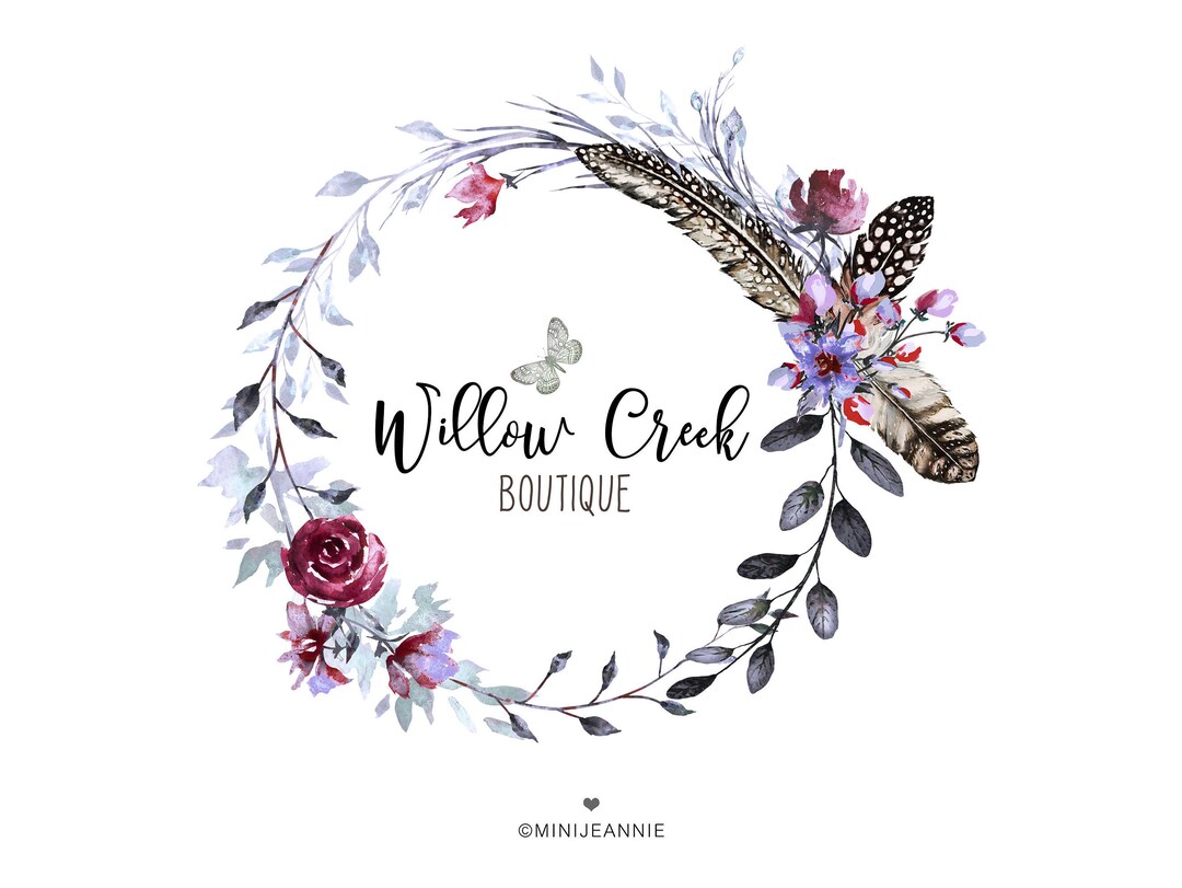 Bohemian Floral Logo-boho Floral Logo-rustic Floral Logo-feather Logo ...