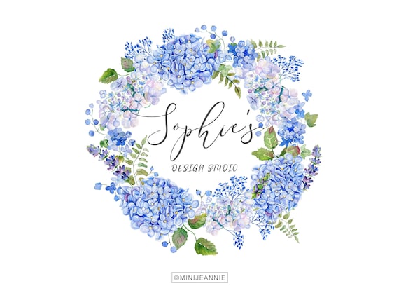Hydrangea Logo-wreath Logo-hydrangea Wreath Logo-blue Floral | Etsy