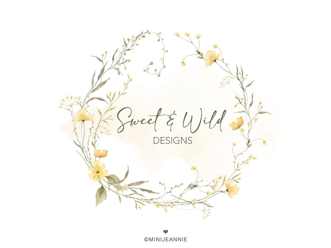 Wildflower Logo Wreath, Wildflower Floral Logo, Wreath Logo, Yellow ...