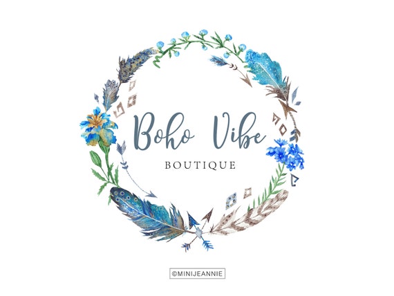 Boho Round Logo-boho Wreath Logo-feather and Arrow Logo-blue | Etsy