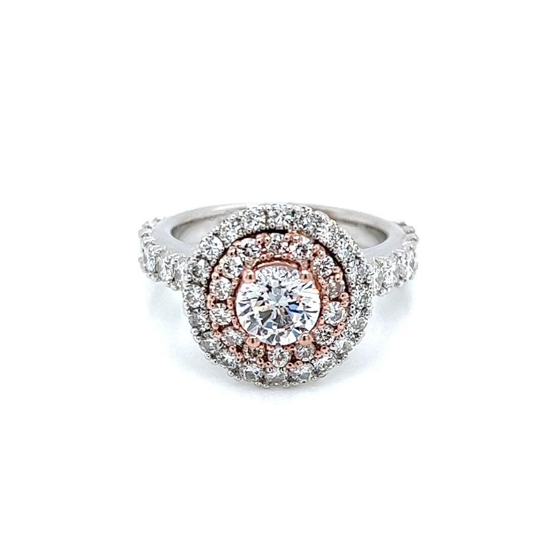 2.13ct Round Double Halo Two Tone Cathedral Shank Moissanite Engagement Ring 14K White and Rose ...