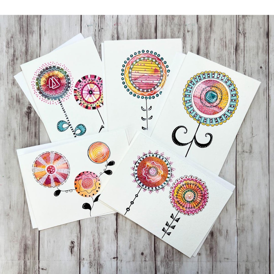 Watercolor Flower Doodle Greeting Card Bundle, Flower Doodle Notecards ...