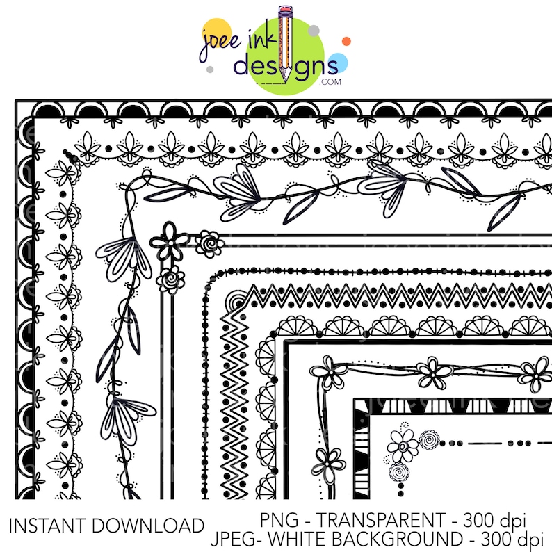 Black and White Doodle Border Template Frames PNG and JPEG, Doodle ...