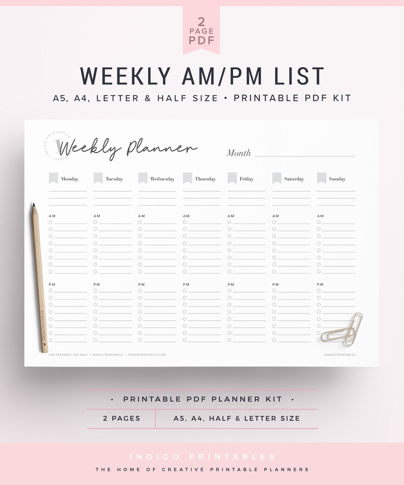 Weekly AM PM List Undated Planner Planner Insert A5 A5 Etsy