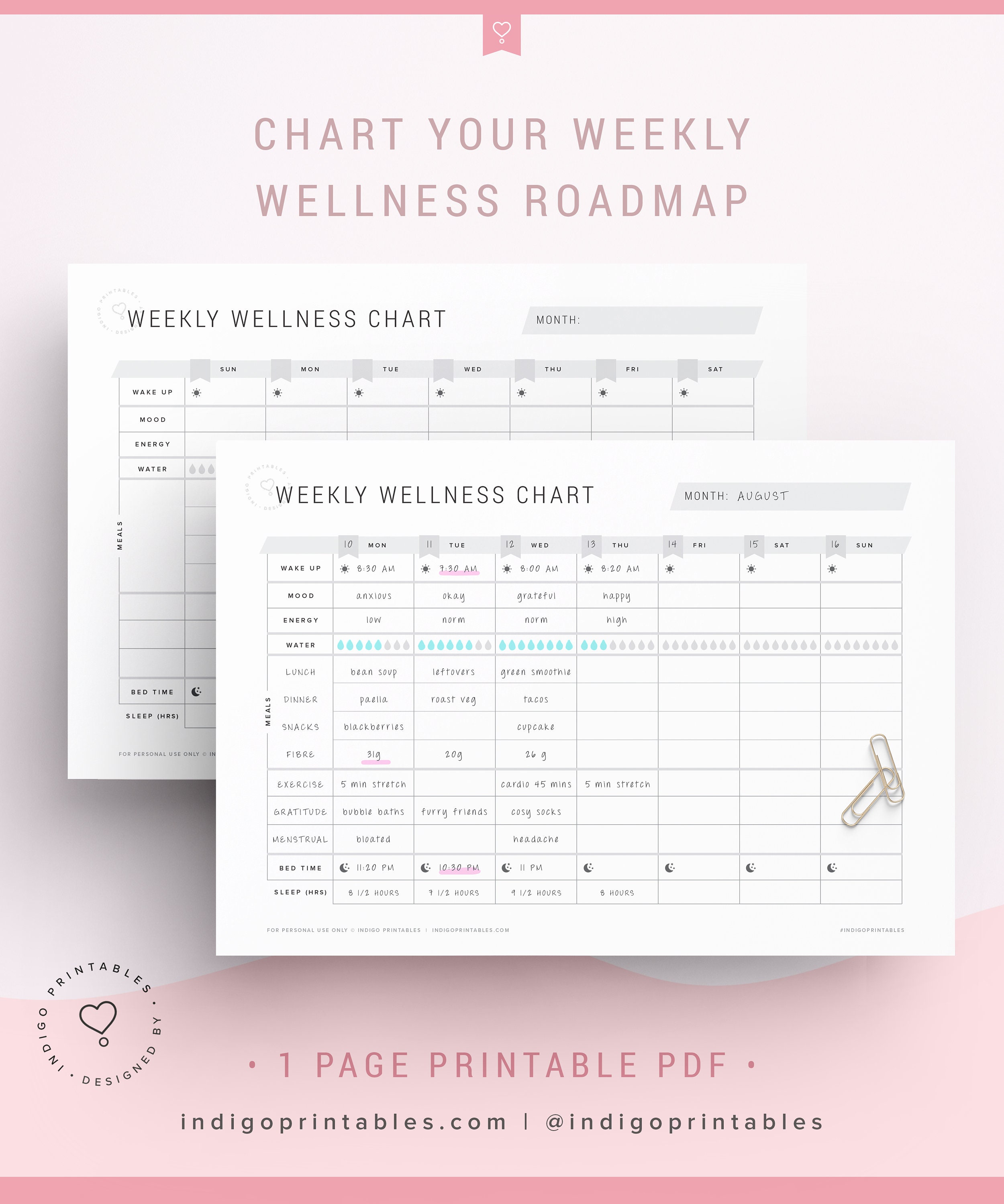 Weekly Wellness Planner Wellness Chart Food Planner Mood | Etsy