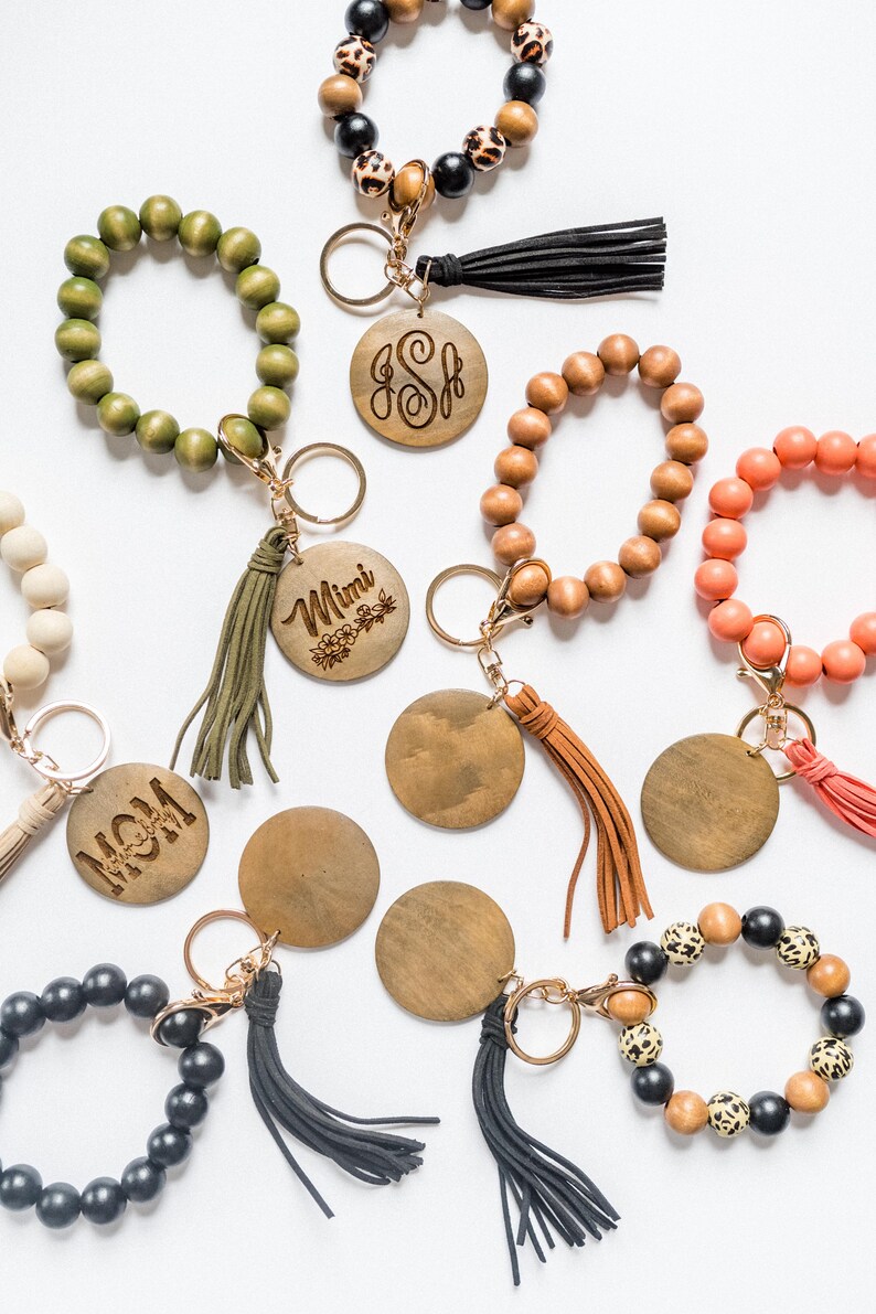 Wood Bead Stretchy Keychain With Tassel and Engraved Charm - Etsy