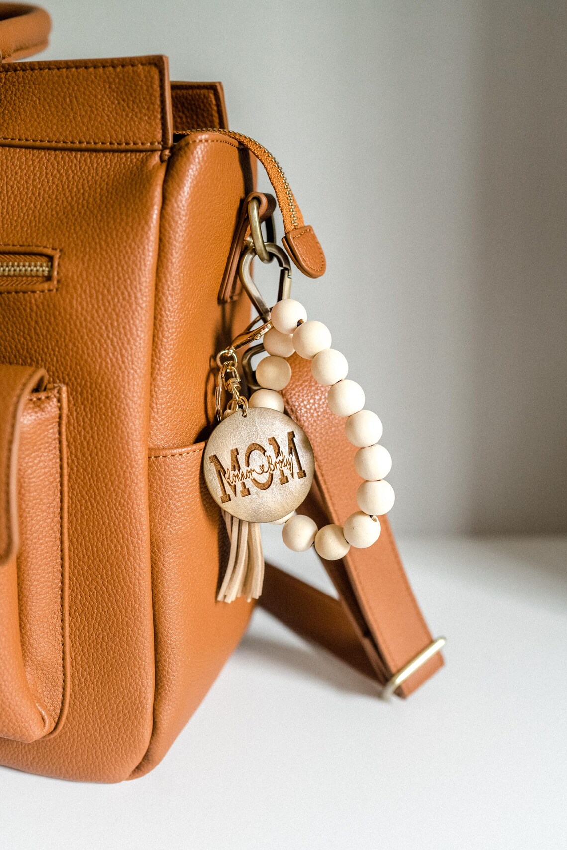 Wood Bead Stretchy Keychain With Tassel and Engraved Charm - Etsy