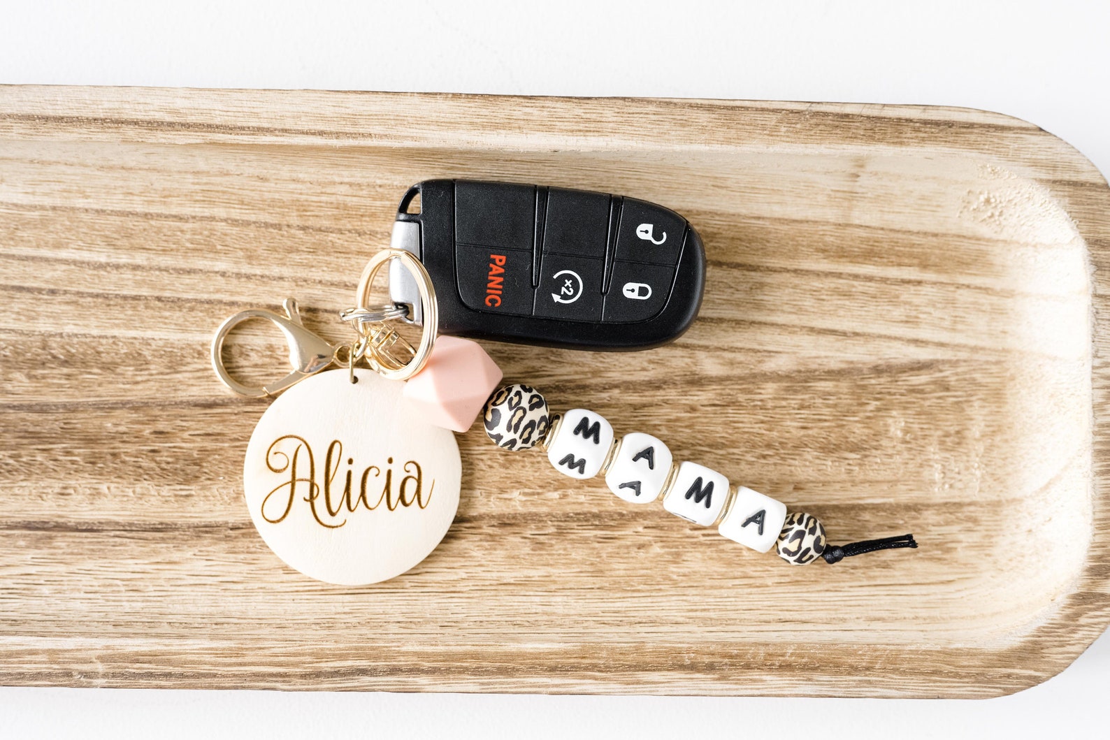 Mama Bead Silicone Keychain | Custom Wooden Disc | Personalized Leopard ...