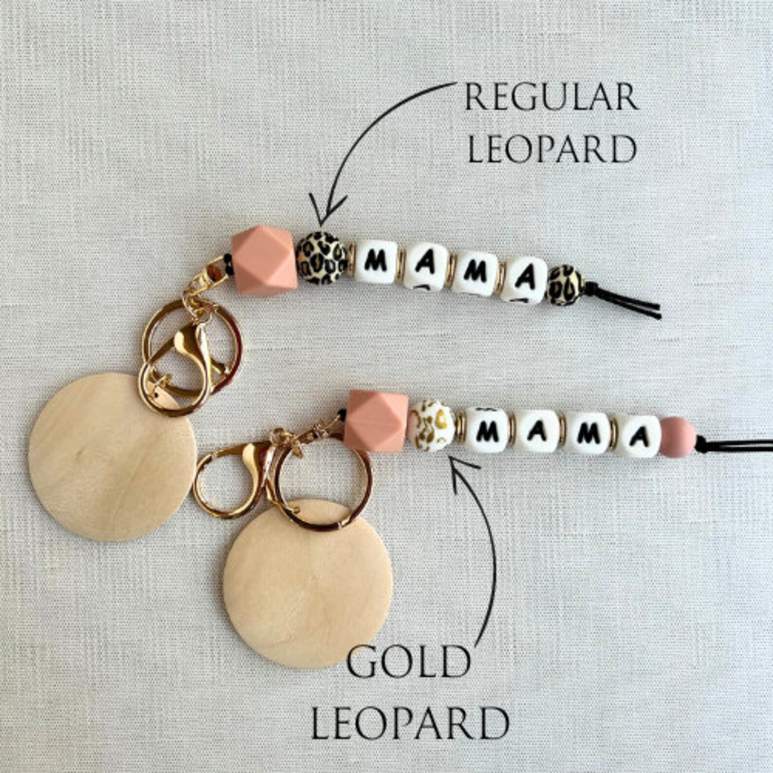 Mama Bead Silicone Keychain | Custom Wooden Disc | Personalized Leopard ...