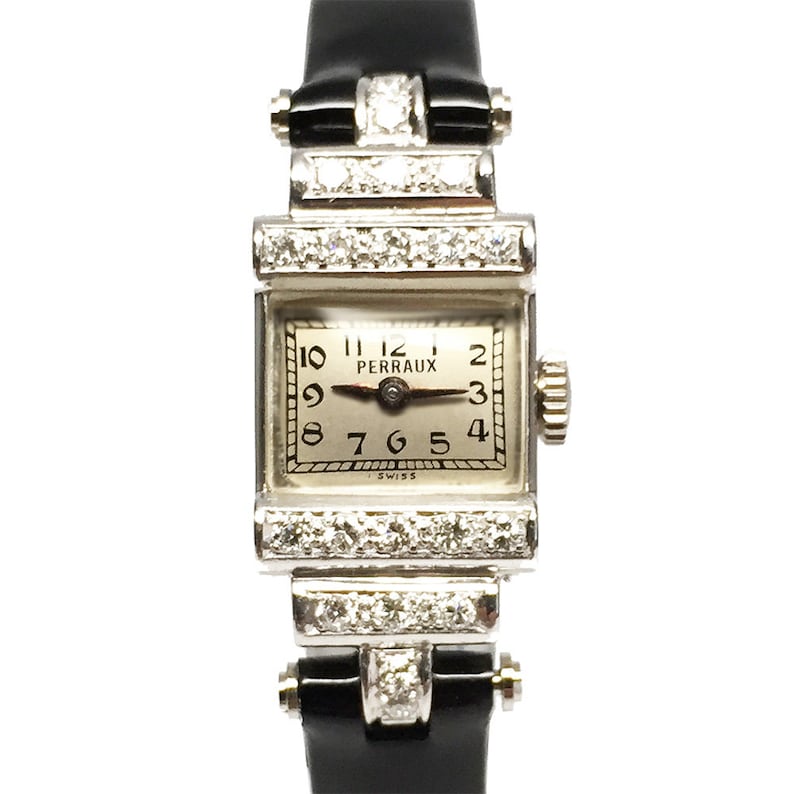 1950s Vintage Perraux Platinum and Diamonds Tuxedo Style Ladies Watch ...