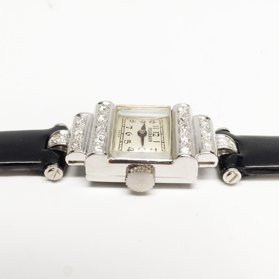 1950s Vintage Perraux Platinum and Diamonds Tuxedo Style Ladies Watch ...