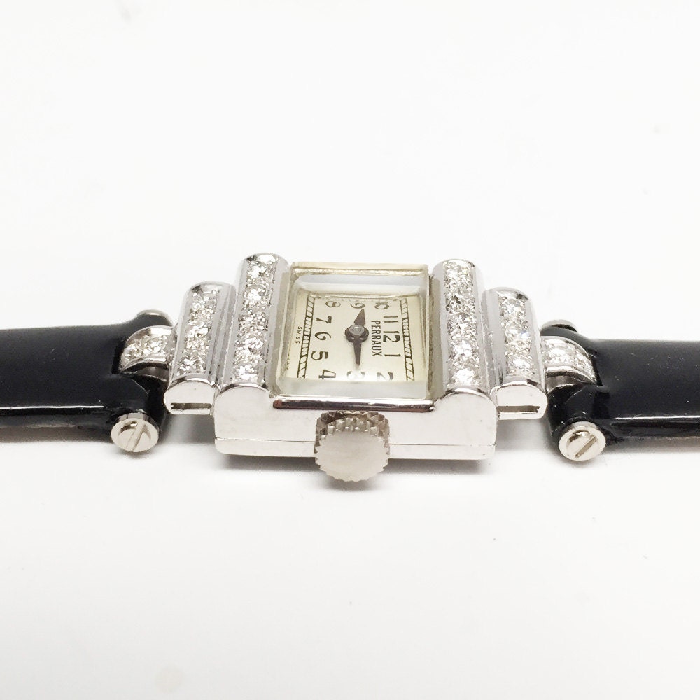 1950s Vintage Perraux Platinum and Diamonds Tuxedo Style Ladies Watch ...