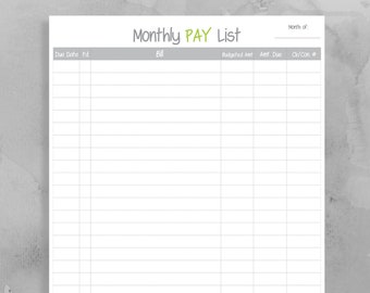 Monthly Pay List & Paycheck and Expenses - PLUS Bonus Half Page Size ...