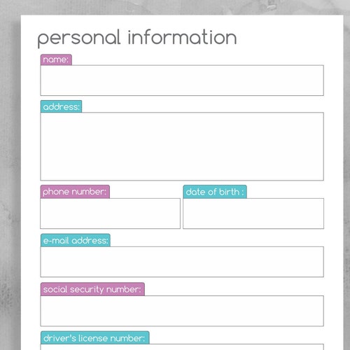 Personal Information Worksheet Info Form Printable - Etsy
